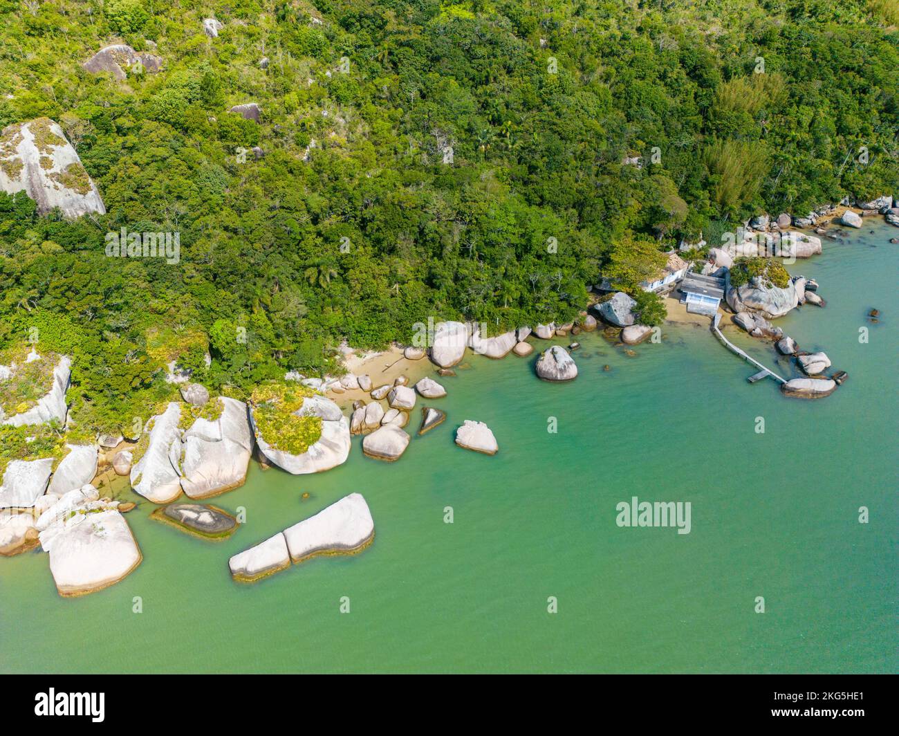Aerial view of forest, rocks and beach, Canto Grande beach, Bombinhas ...