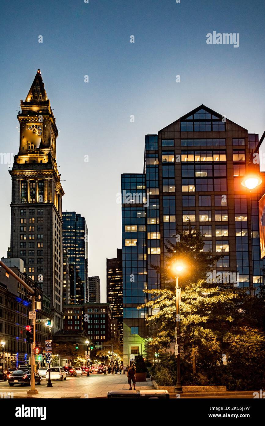 A beautiful vertical of Boston's street lights at night and cars ...