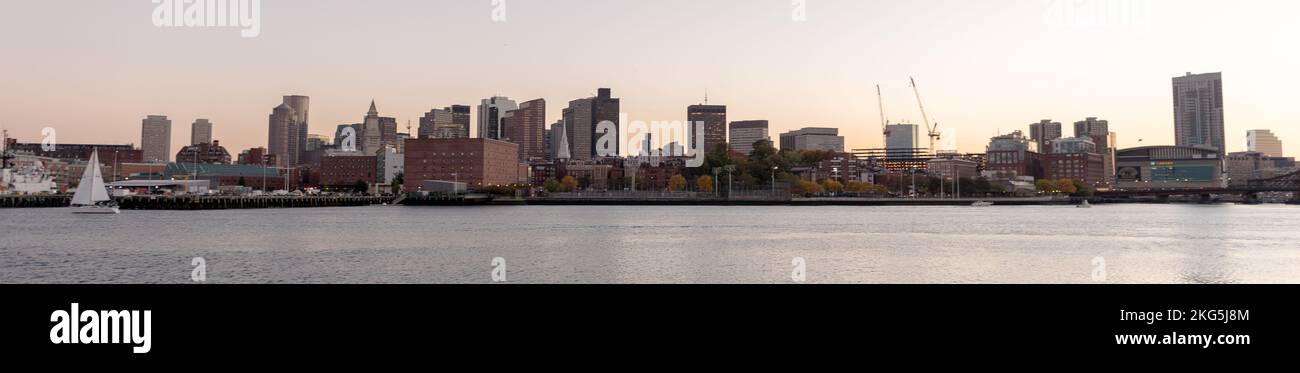 A panoramic skyline of Boston cityscape with its skyscrapers and harbor ...