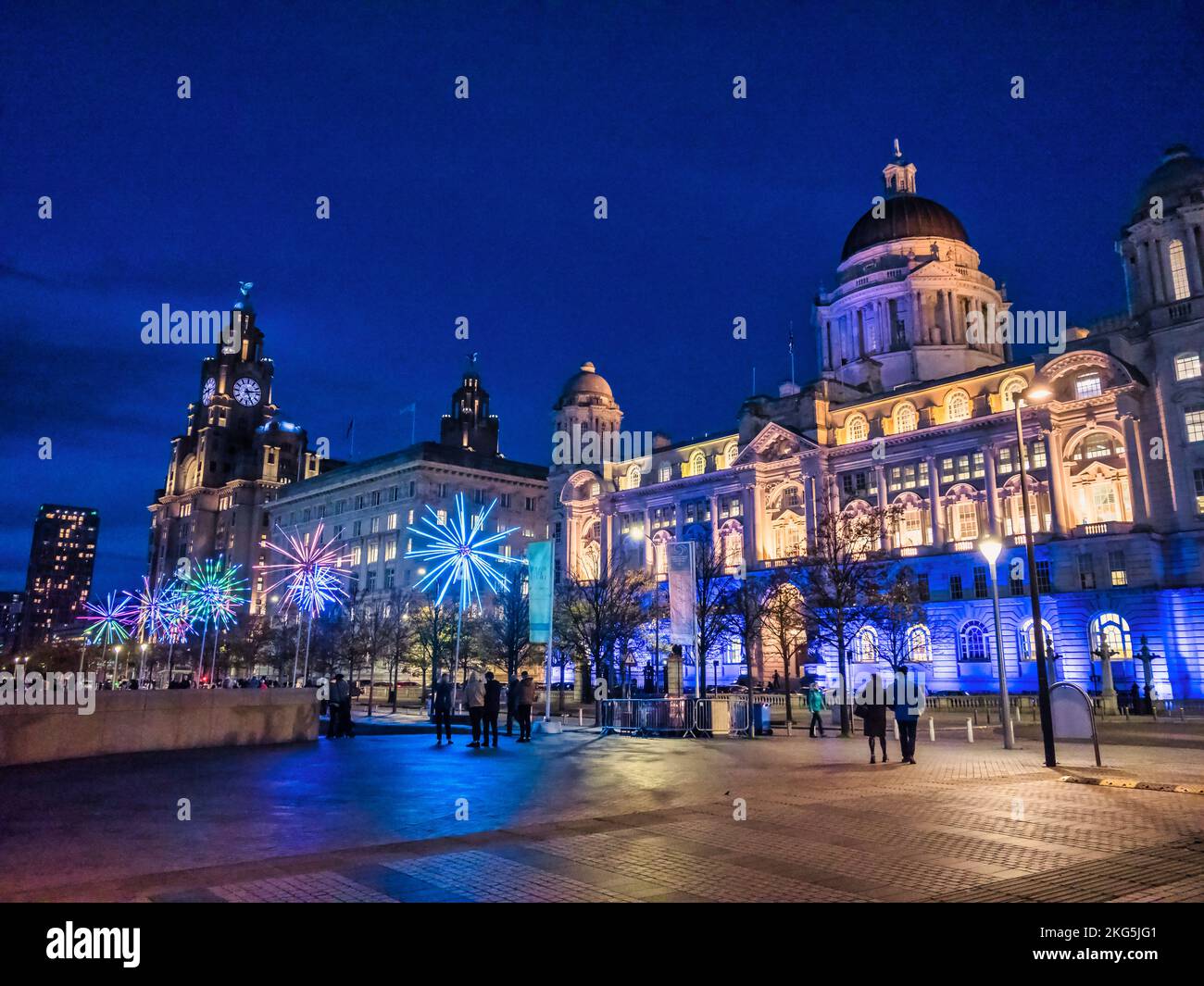 Night-time street scenes in Liverpool from Pier Head looking toward the ...