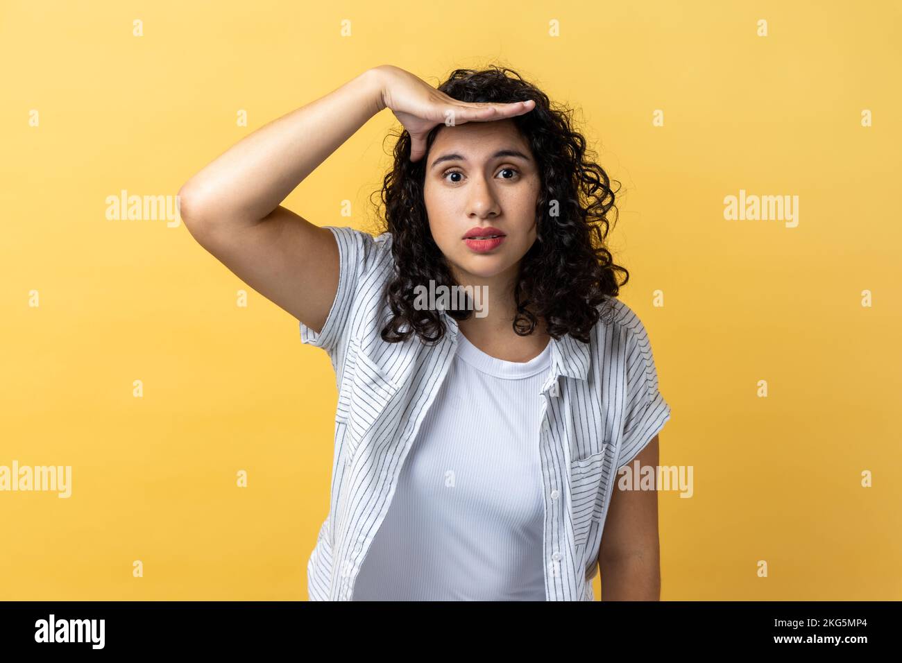 Portrait of attractive young adult woman with dark wavy hair keeps hand ...