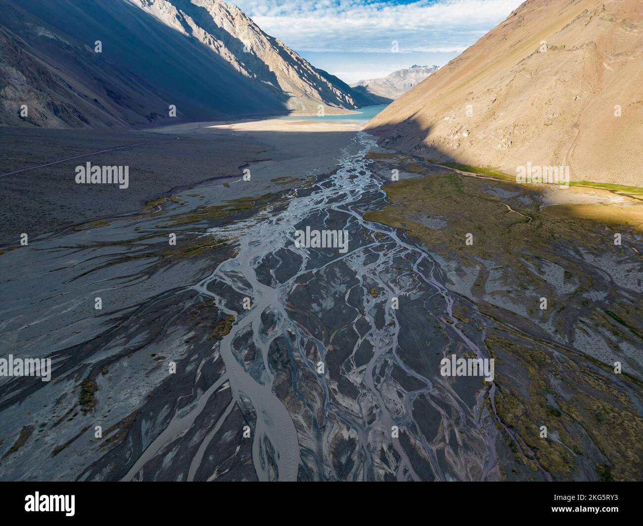 Aerial view of rivers and creeks flowing to Embalse de Yeso in Cajon ...