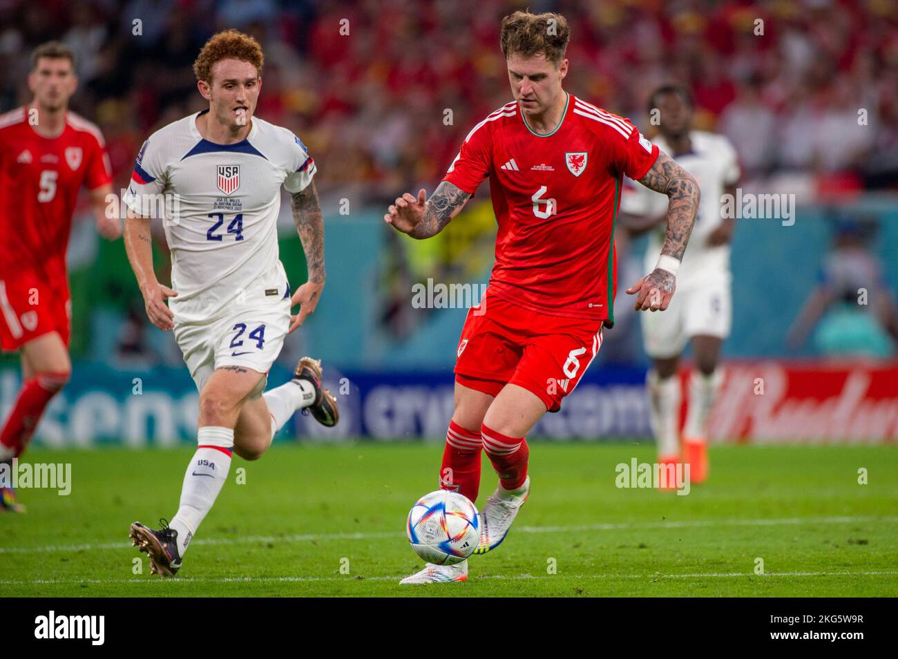 Josh SARGENT of USA and Joe RODON of Wales during the FIFA World Cup ...