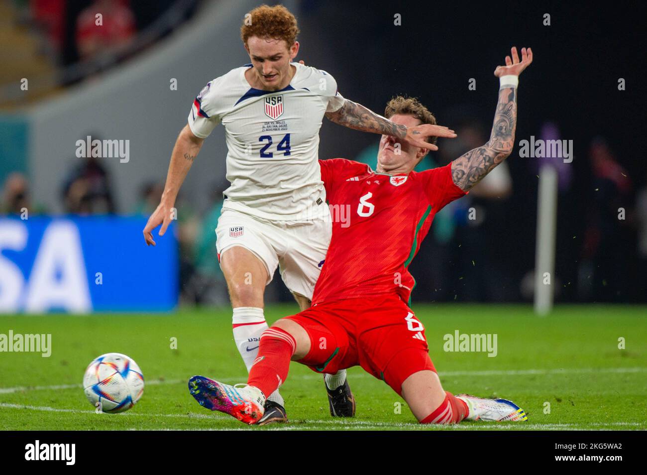 Josh SARGENT of USA and Joe RODON of Wales during the FIFA World Cup ...
