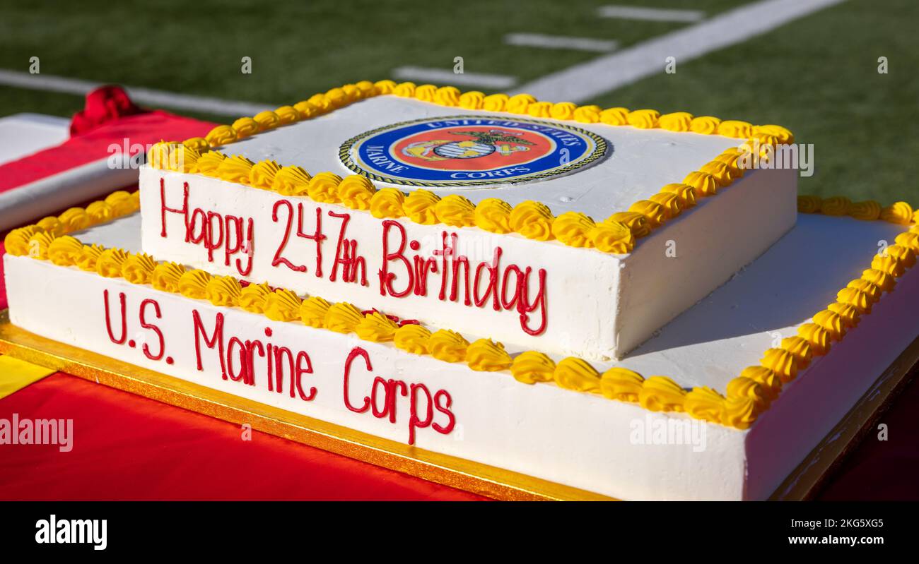 A cake is presented in honor of the 247th Marine Corps Birthday during ...