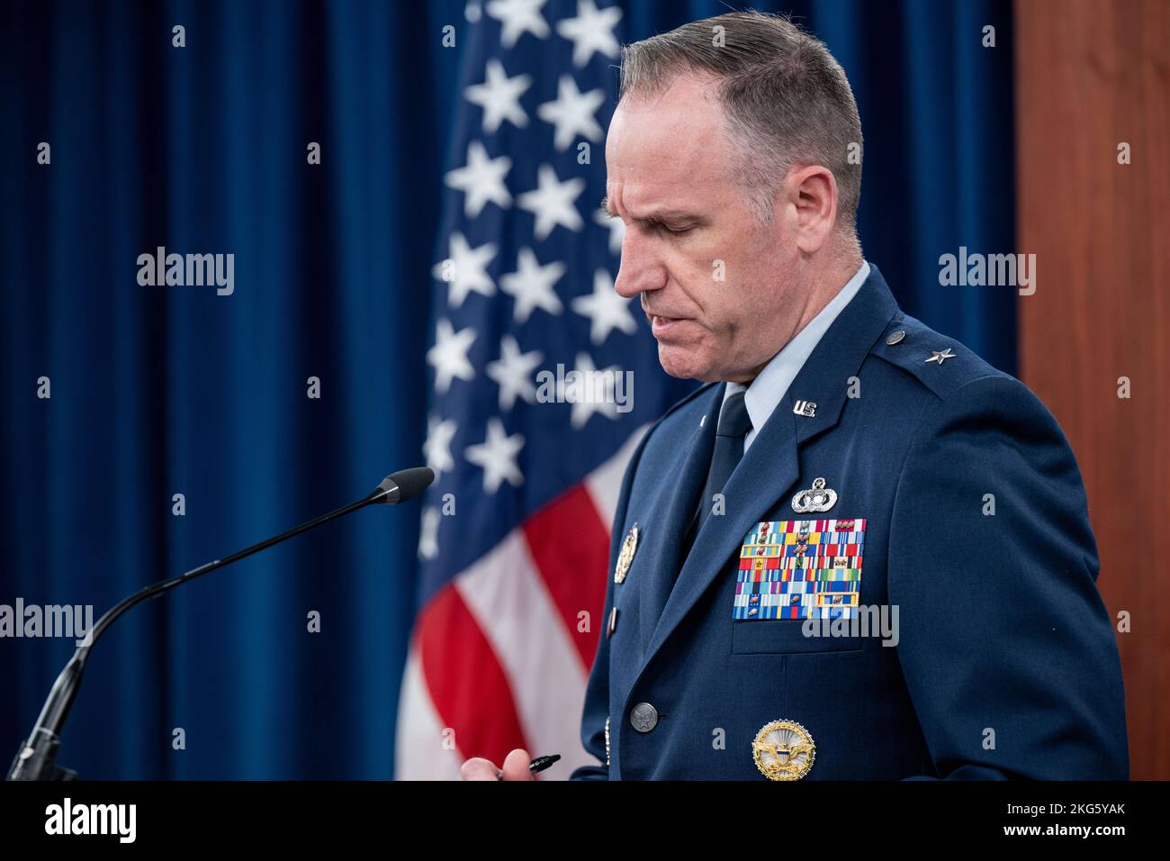 Pentagon Press Secretary Air Force Brig. Gen. Pat Ryder conducts a press briefing at the ...