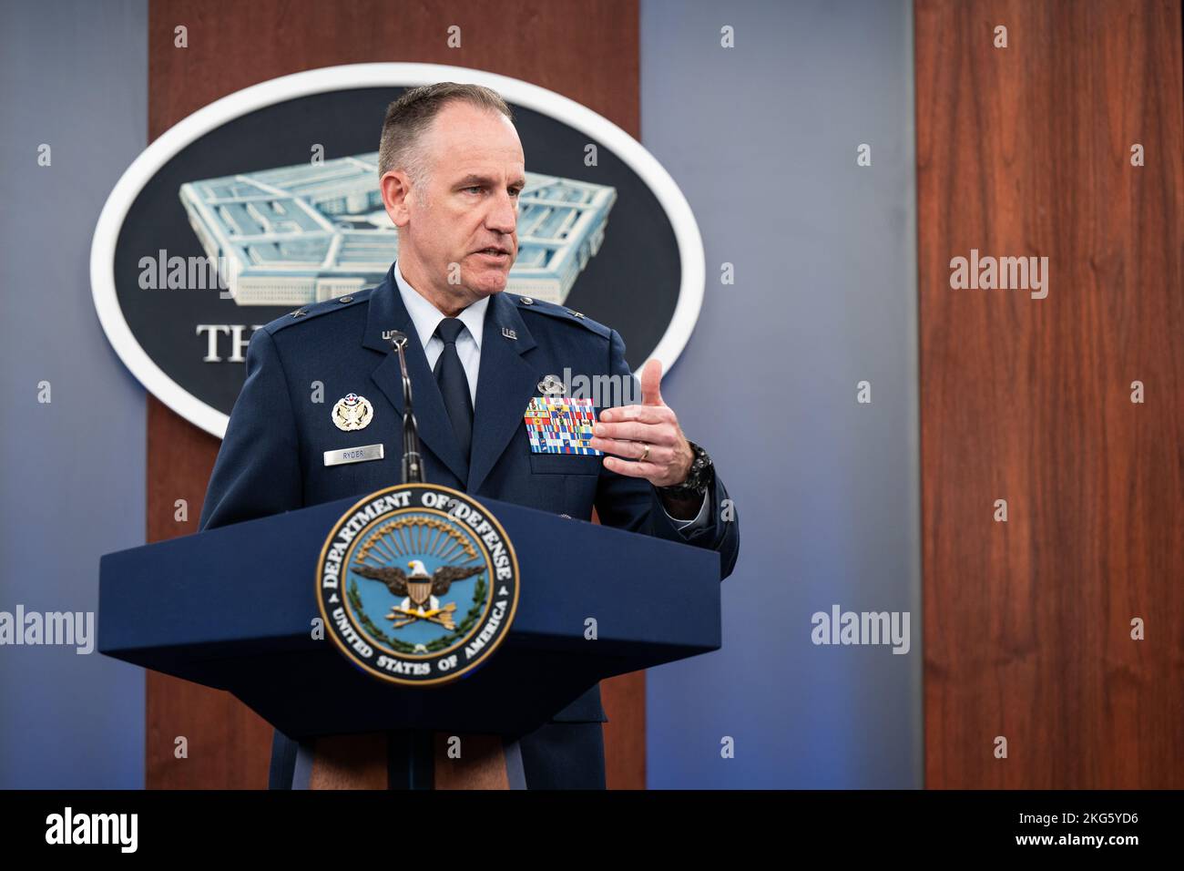 Pentagon Press Secretary Air Force Brig. Gen. Pat Ryder conducts a press briefing at the ...