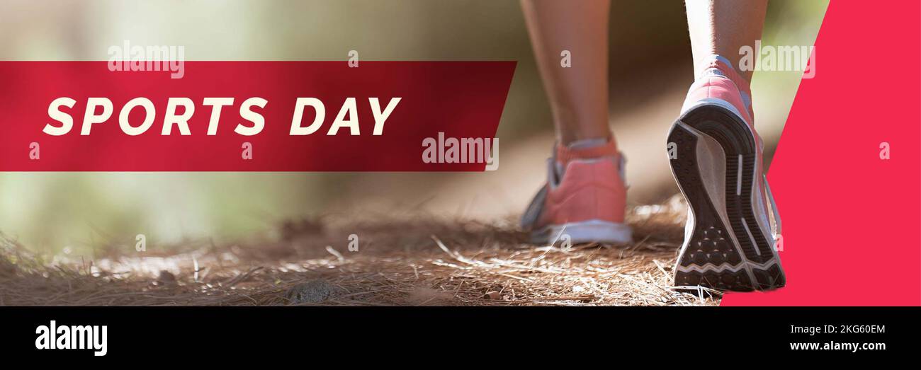 Image of a woman's legs with sneakers walking in a park with sports day ...