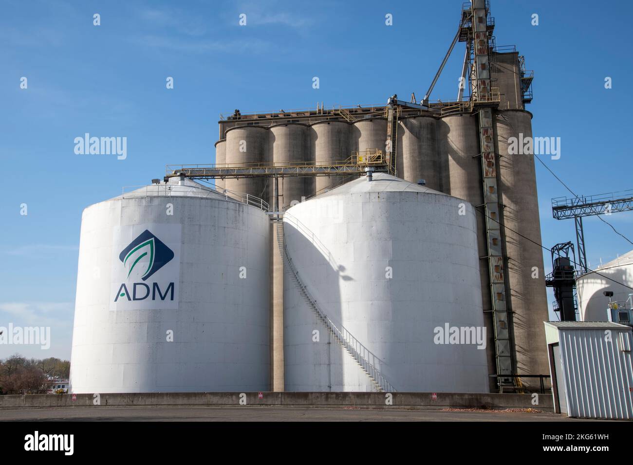 Red Wing, Minnesota. Logo of ADM on the side of a holding bin is a leader in global nutrition ...