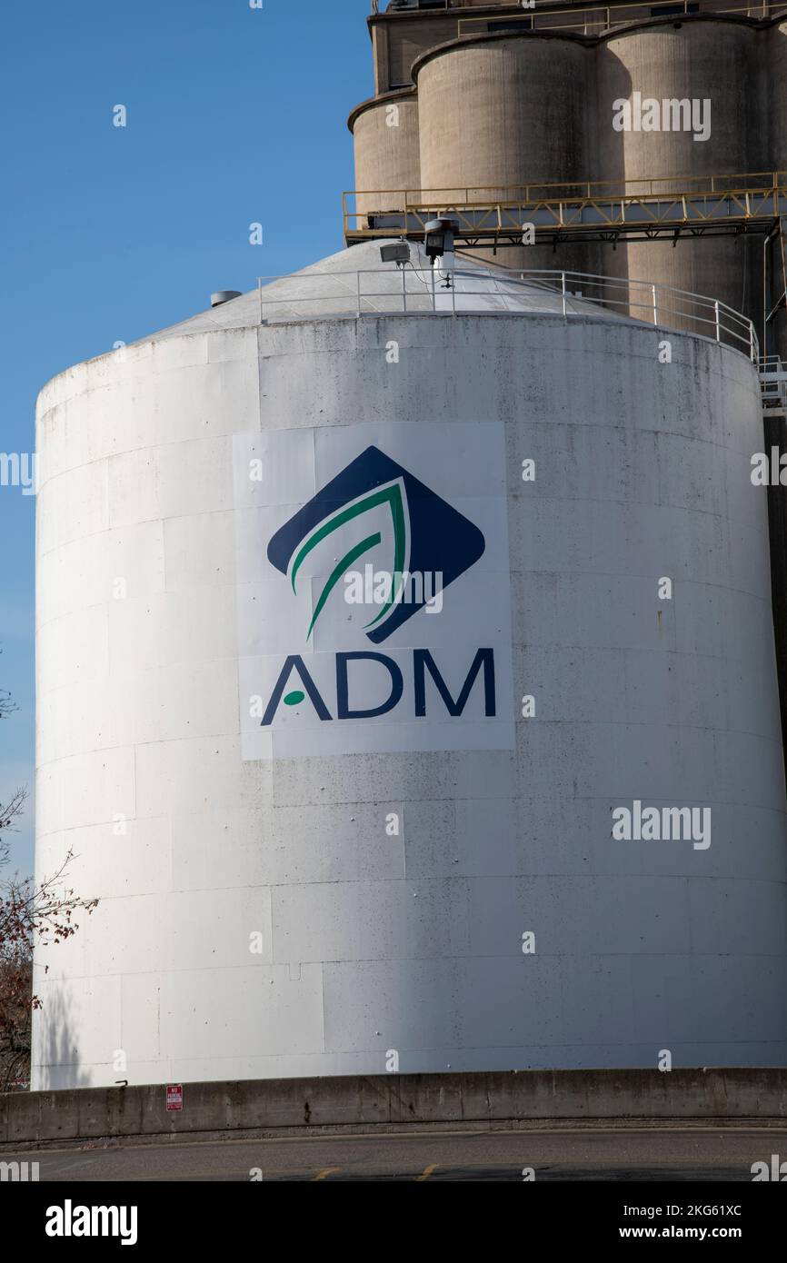 Red Wing, Minnesota. Logo of ADM on the side of a holding bin is a leader in global nutrition ...