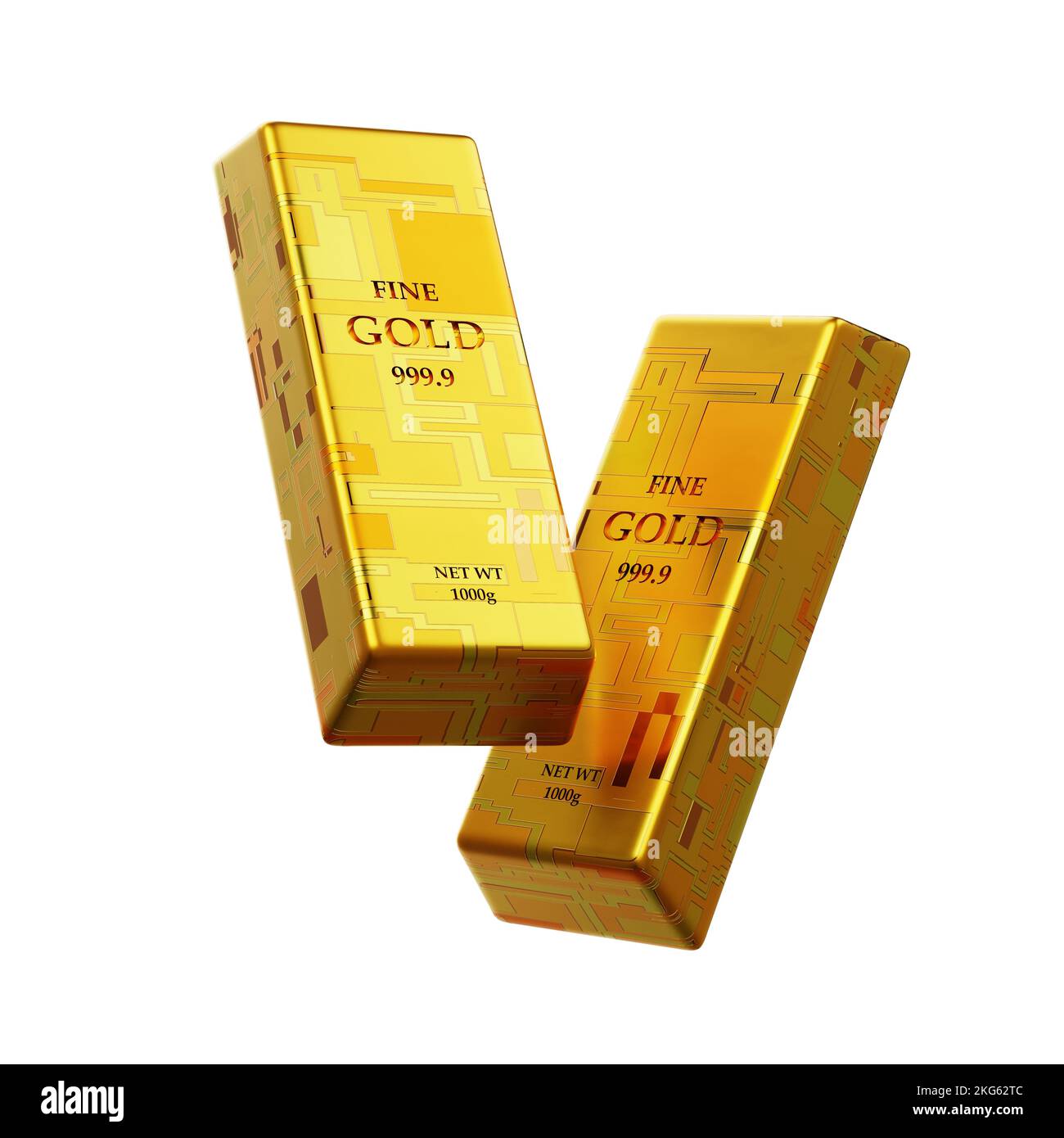 Digital gold bar with sci fi material on isolated white background ...