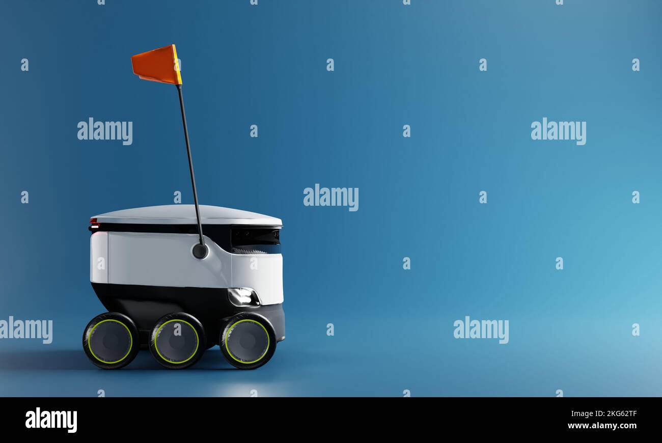 Robot courier delivering parcel to customer house on blue backdrop ...