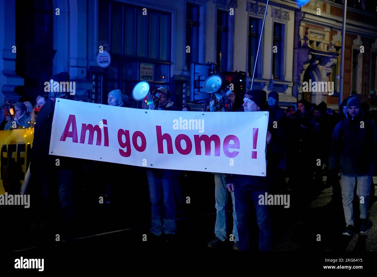 Leipzig, Germany. 21st Nov, 2022. People take part in a demonstration ...
