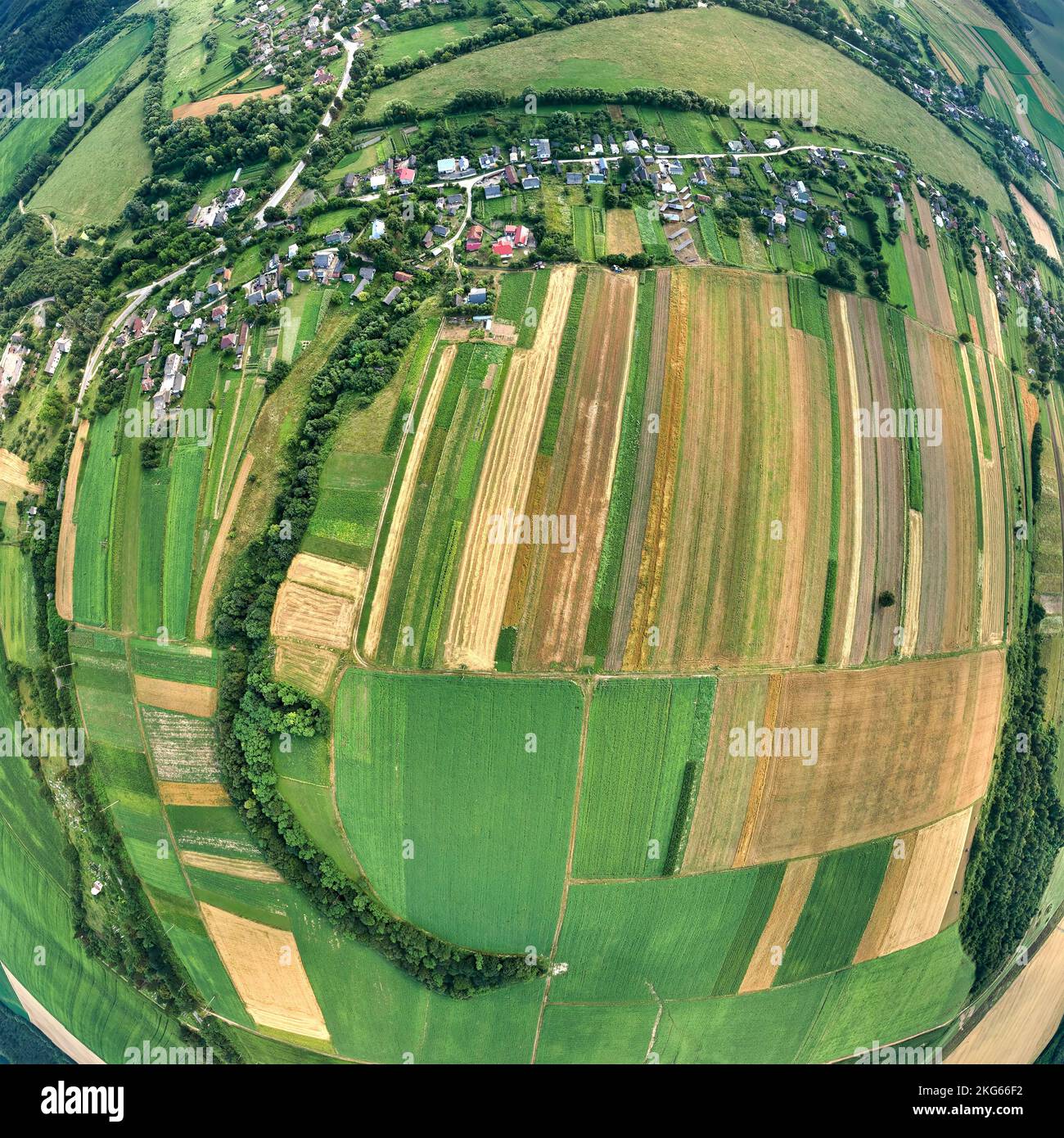 Aerial landscape view of green cultivated agricultural fields with ...
