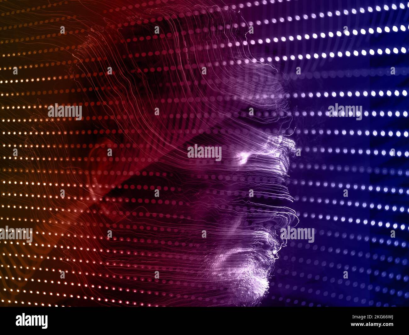 Sketch of a man's face behind lines and colored lights. Concept of ...
