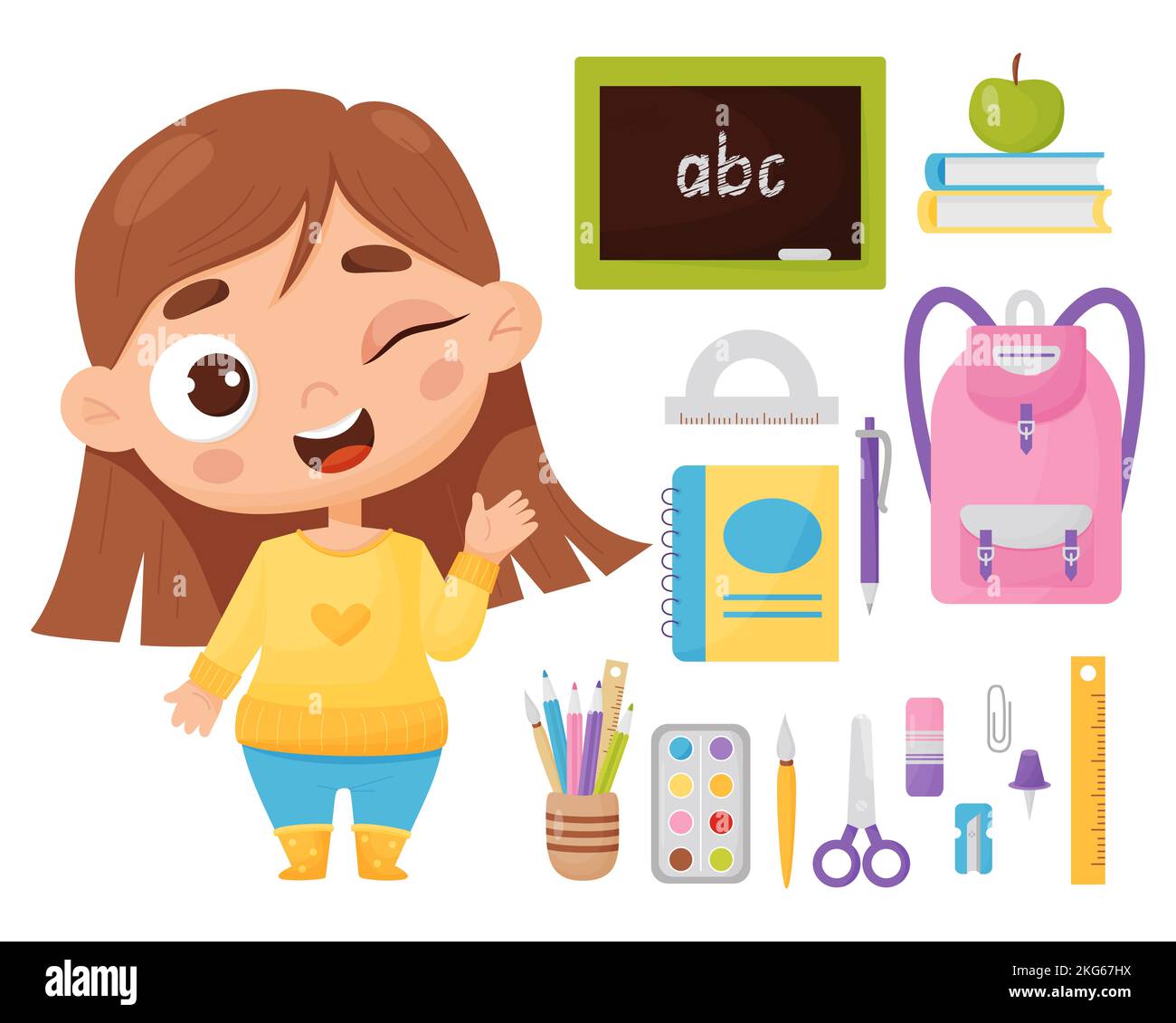Set of school items and schoolgirl. Cute happy character girl and study ...