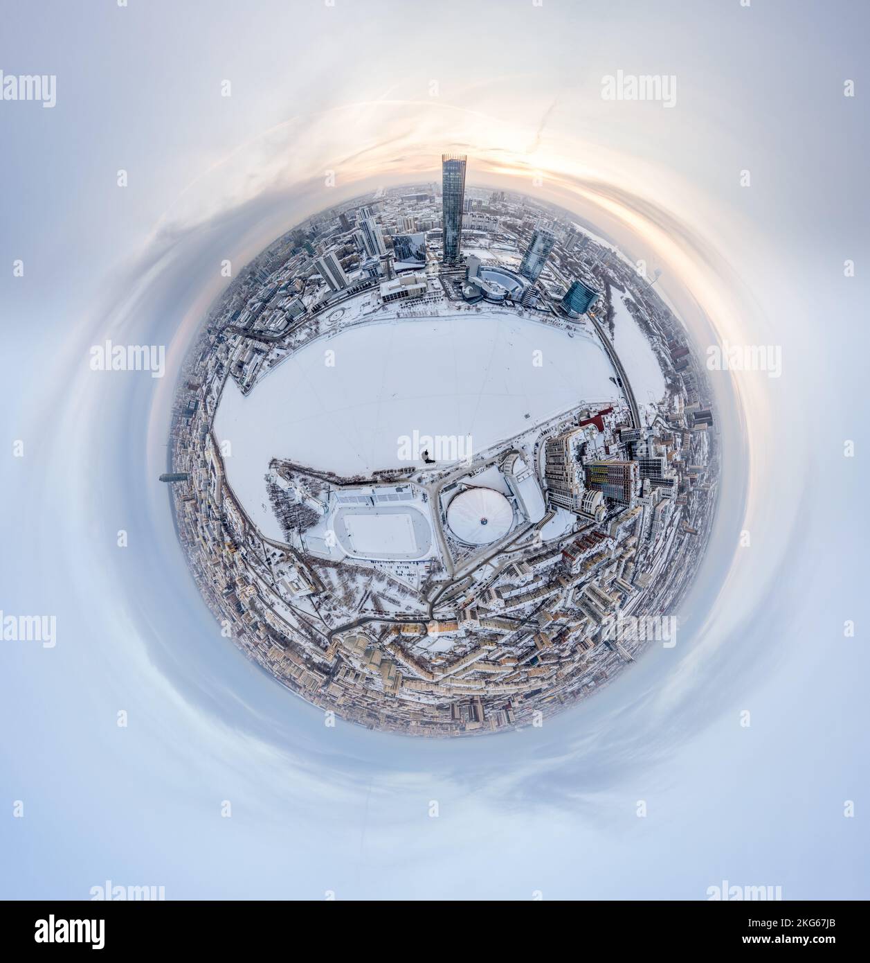 Aerial winter city view, Little planet sphere mode. Yekaterinburg city ...