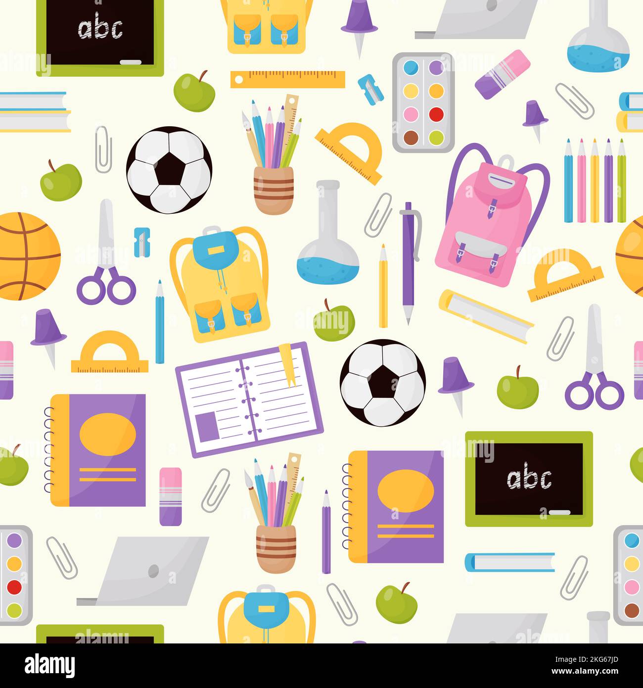 School items seamless pattern on light background. Back to school. Cute ...