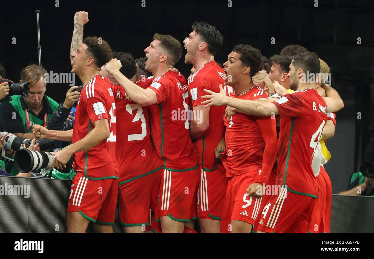 Gareth Bale of Wales celebrates his goal with teammates during the FIFA ...