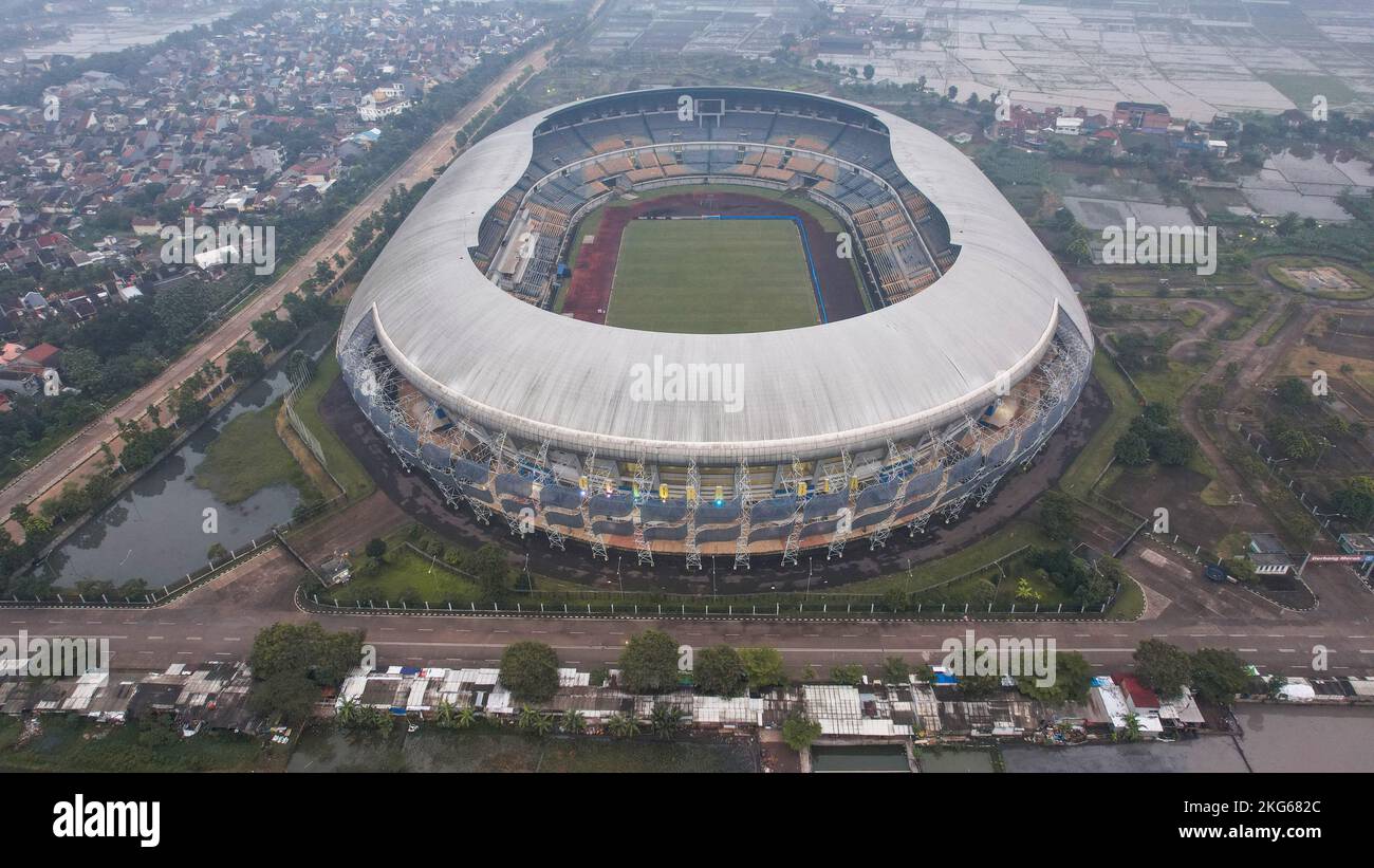 Aerial view of the Beautiful scenery Gelora Bandung Lautan Api (GBLA) Football or Soccer Stadium ...