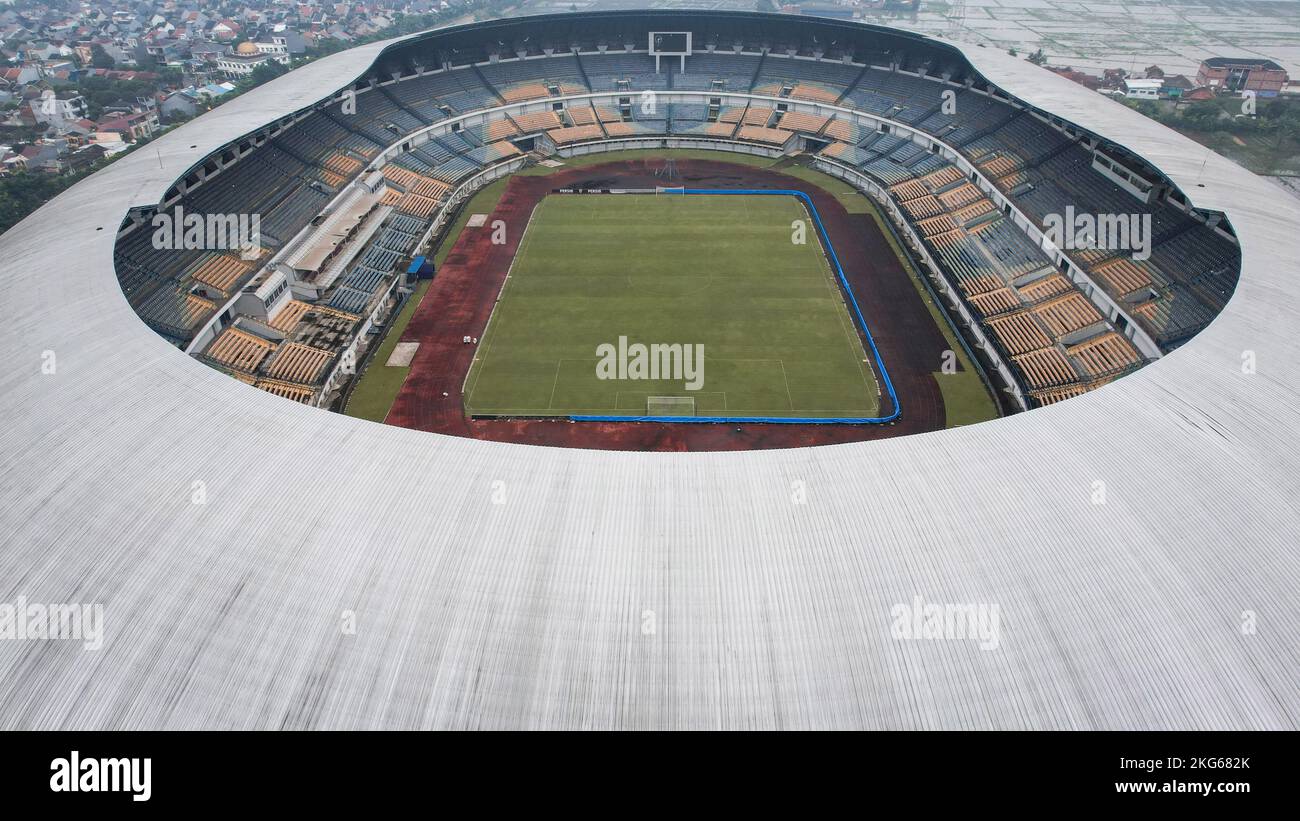 Aerial view of the Beautiful scenery Gelora Bandung Lautan Api (GBLA) Football or Soccer Stadium ...