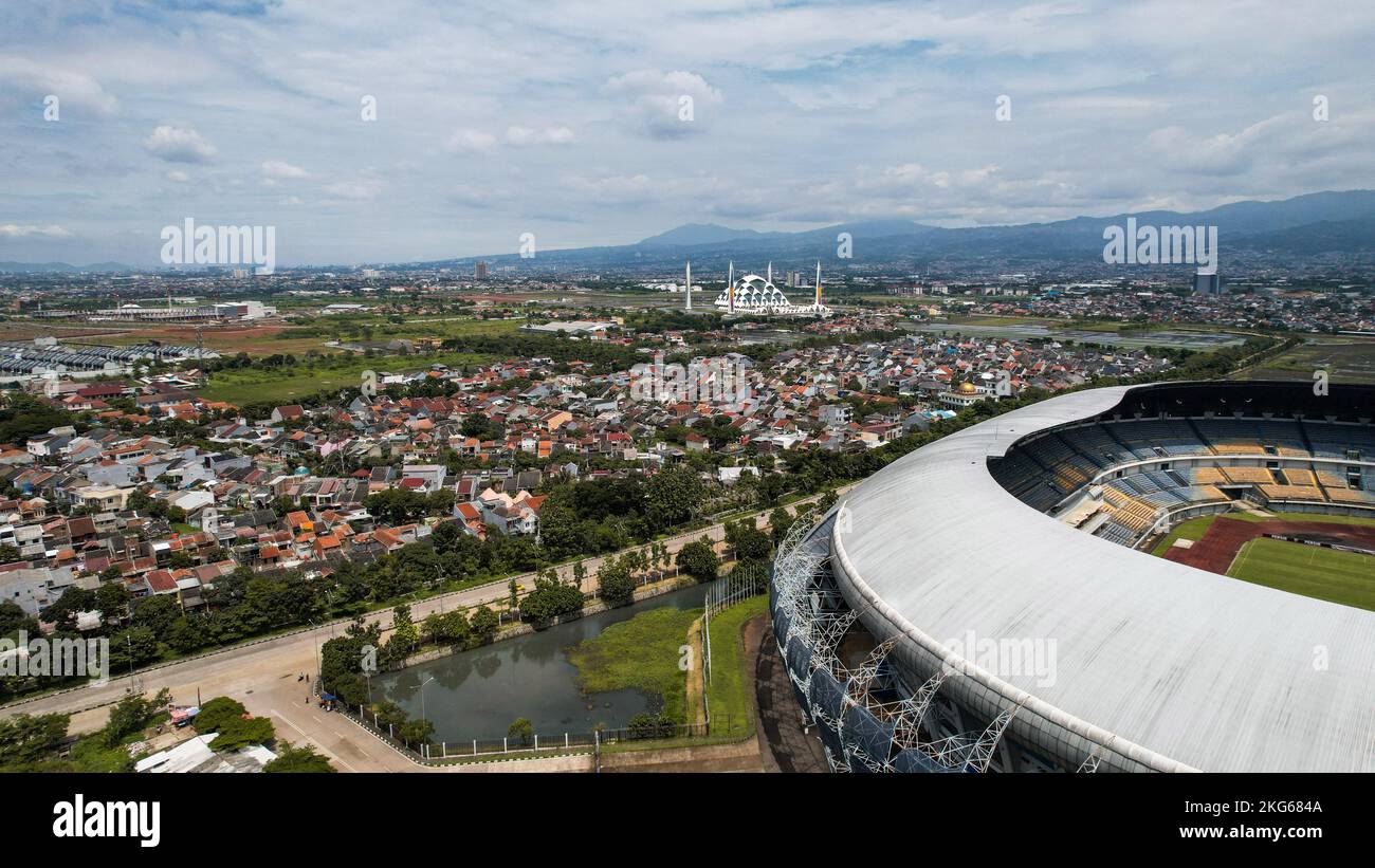 Aerial view of the Beautiful scenery Gelora Bandung Lautan Api (GBLA) Football or Soccer Stadium ...