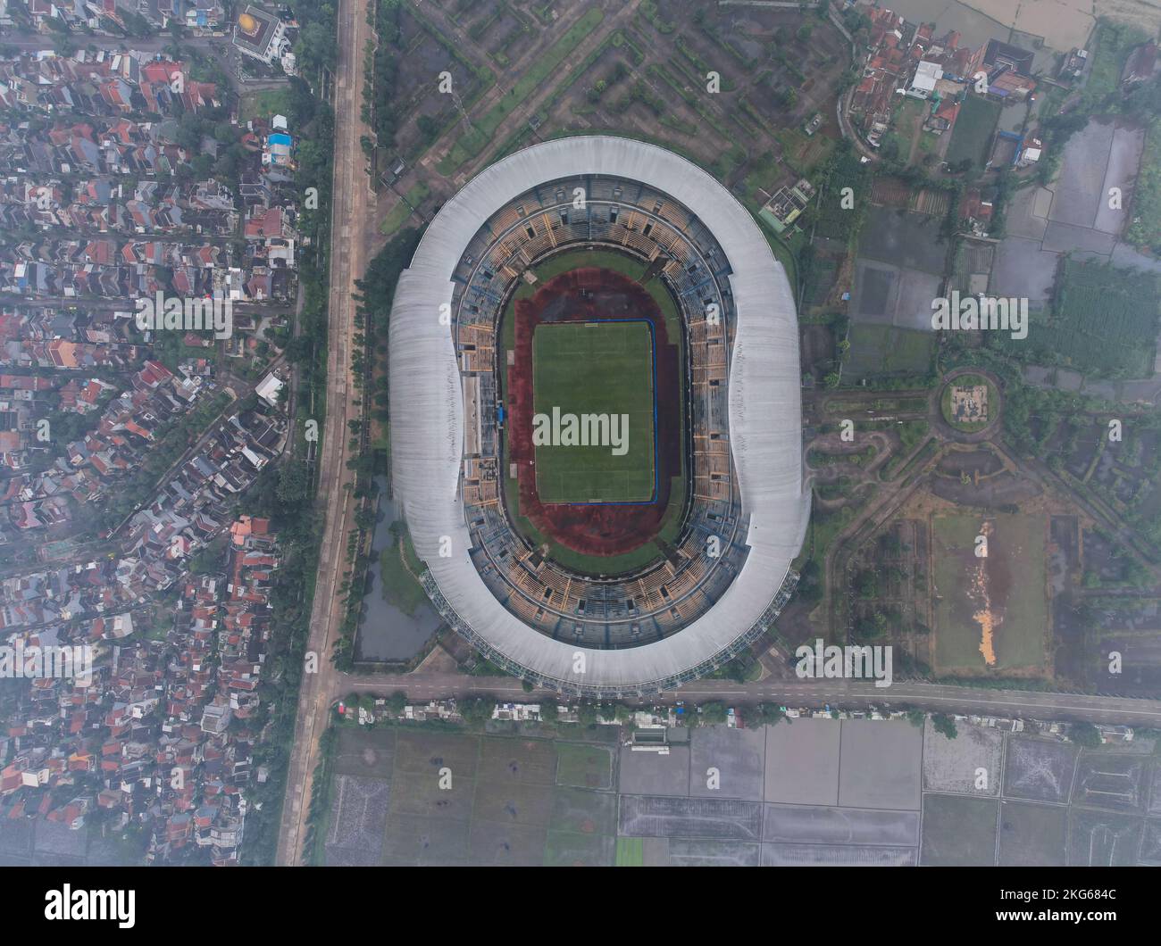 Aerial view of the Beautiful scenery Gelora Bandung Lautan Api (GBLA) Football or Soccer Stadium ...