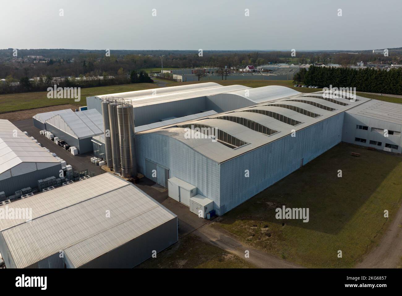 Aerial view of new factory building for producing and shipping of ...