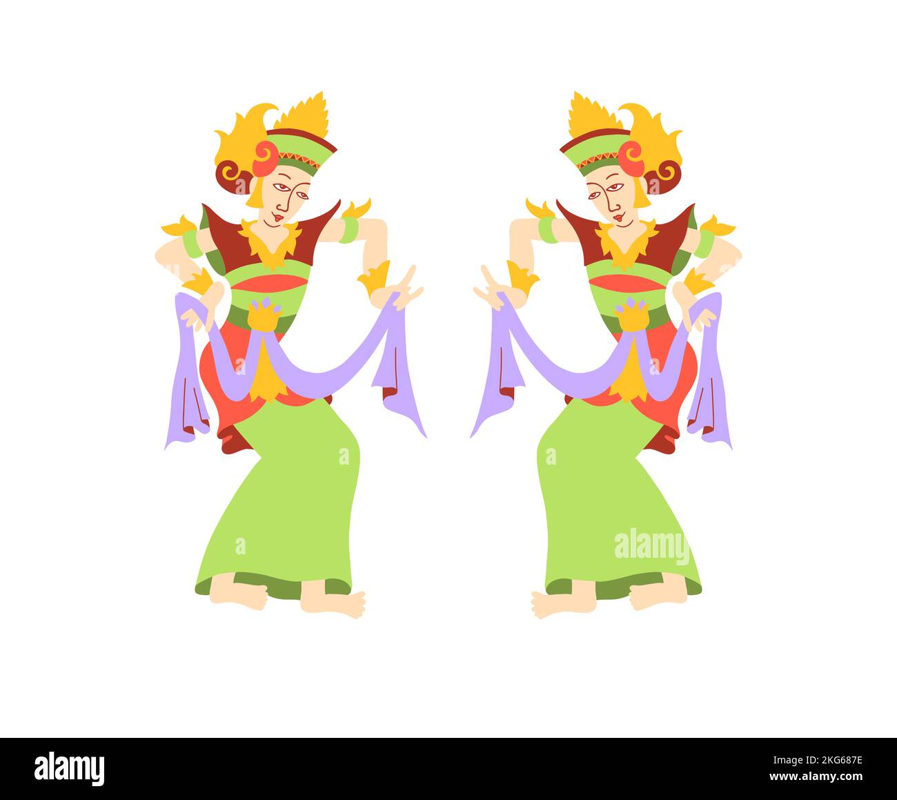 Two women perform a traditional Balinese dance in flat style, vector ...