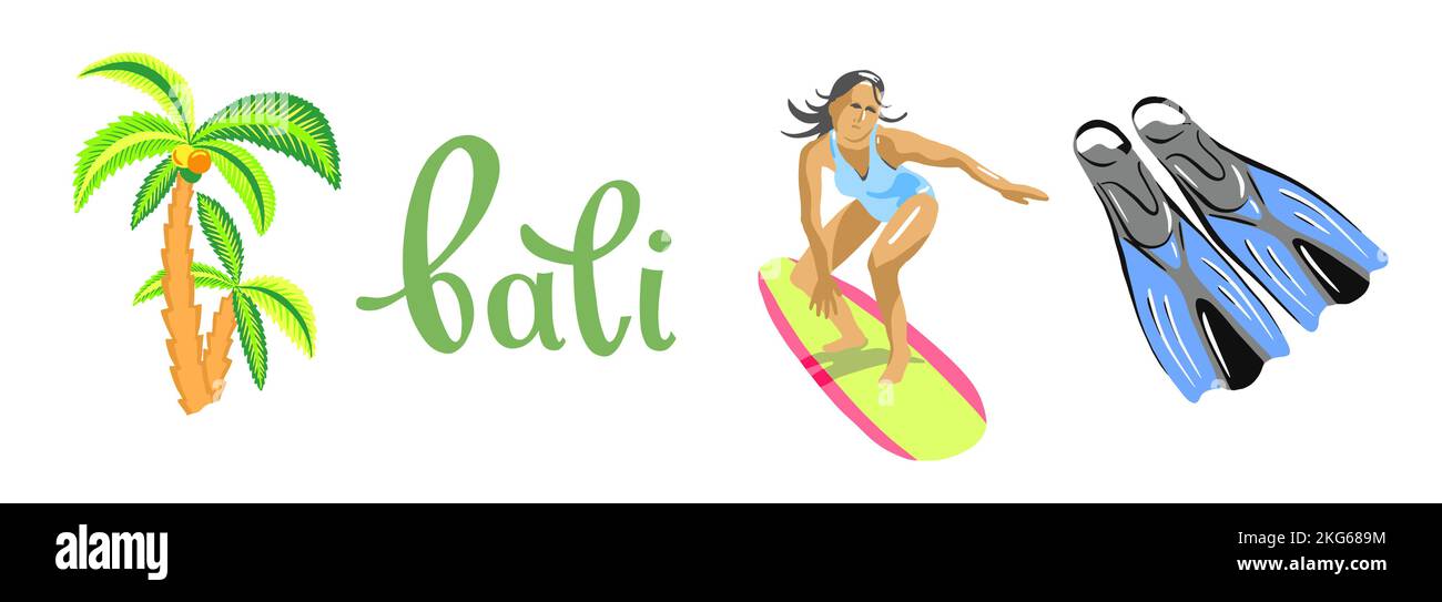 A set of objects of symbols of the island of Bali: flippers, palm tree ...