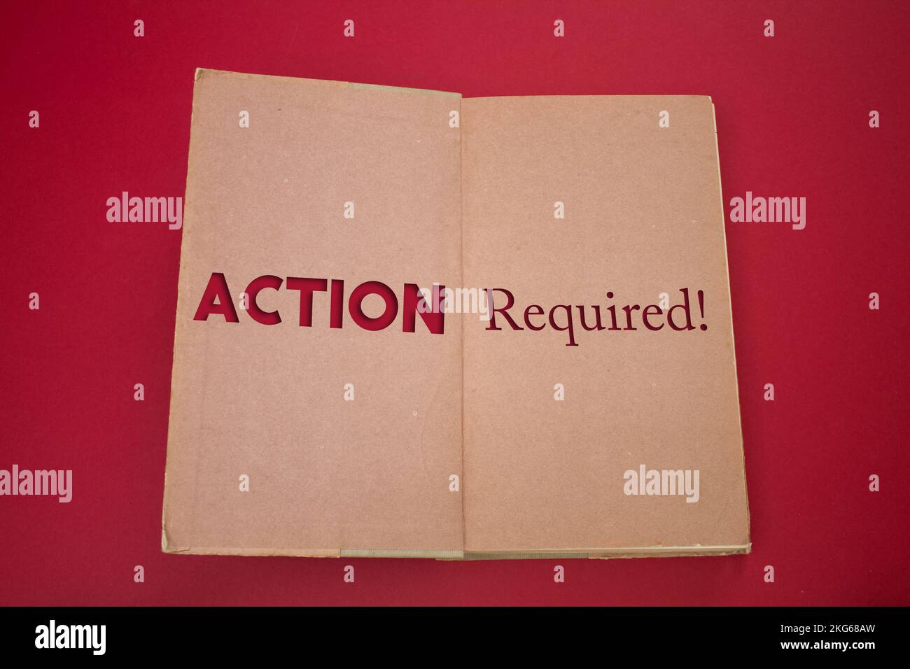 Action Required word in opened book with vintage, natural patterns old ...