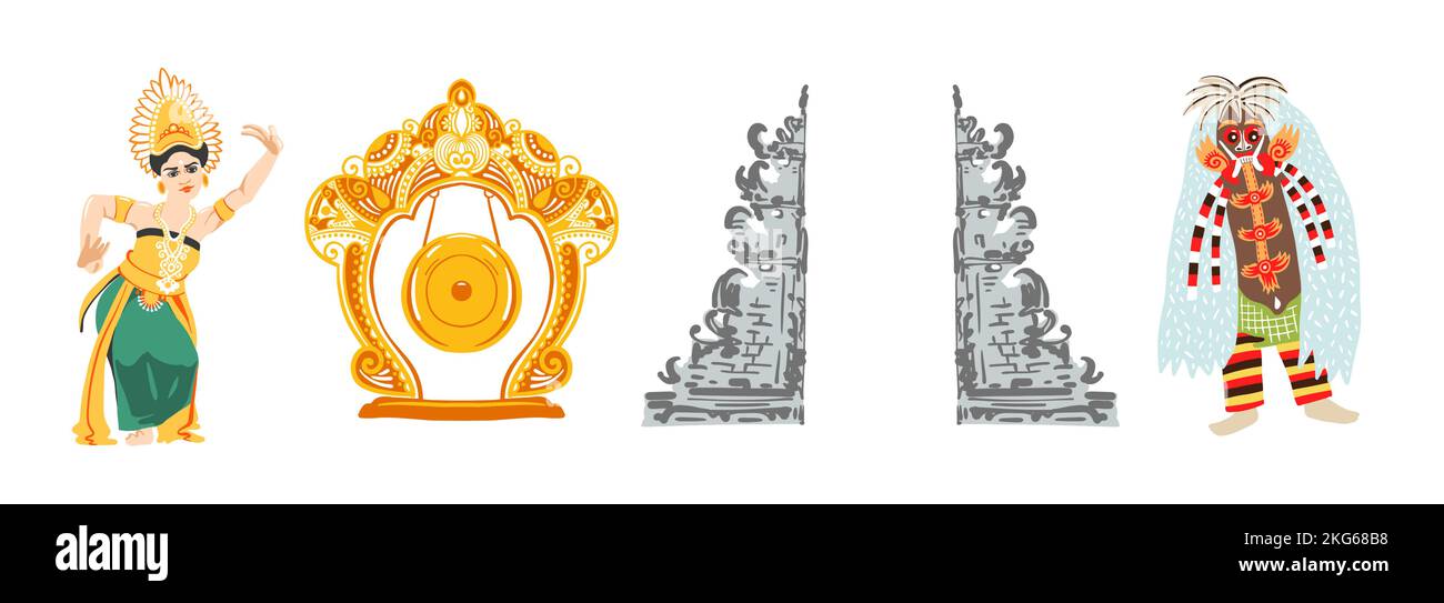 set of bali symbols Balinese dancer, gong, temple gate, vector ...