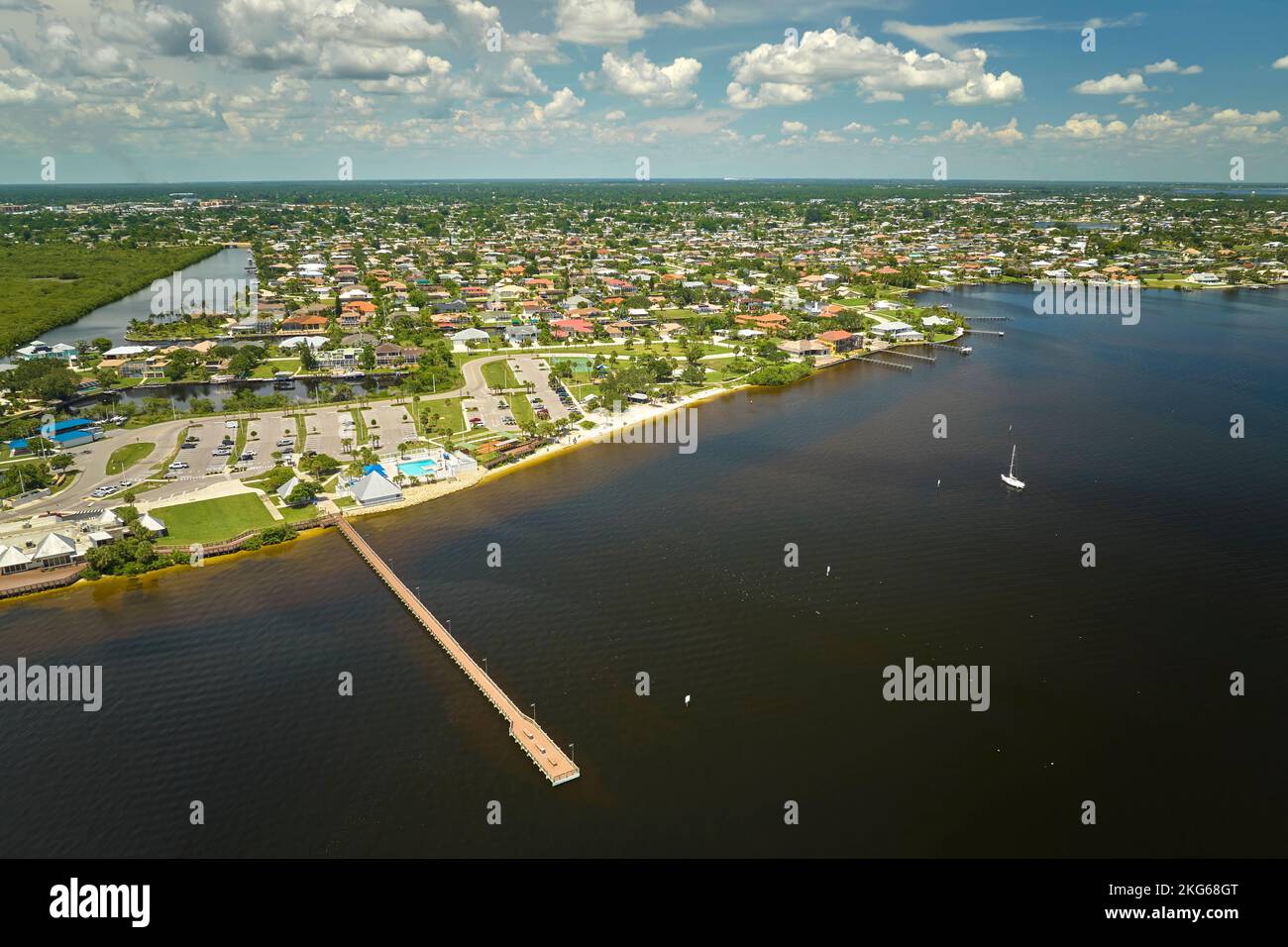 Aerial view of rural private houses in remote suburbs located on sea ...