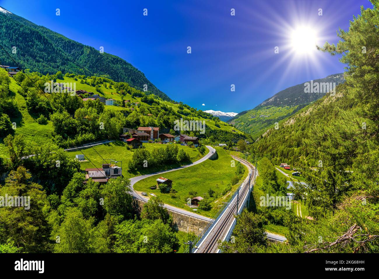 Railroad in Alps mountains valley, Moerel, Filet, Oestlich Raron ...