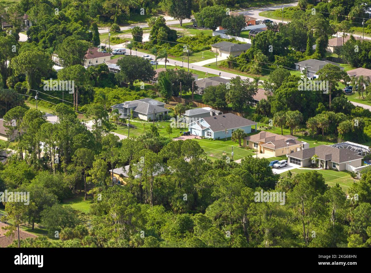 Aerial view of small town America suburban landscape with private homes ...