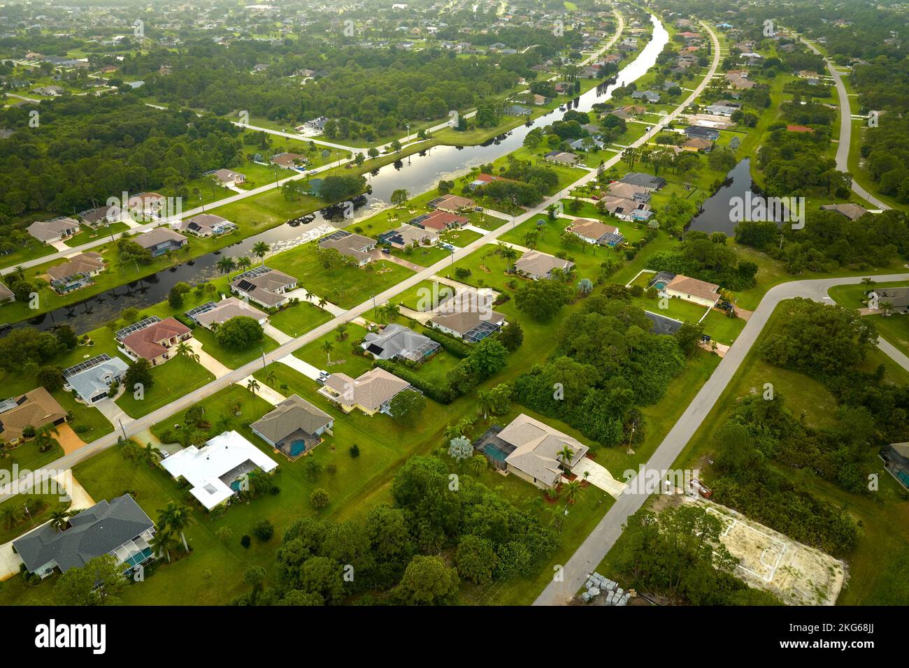 Aerial view of small town America suburban landscape with private homes ...