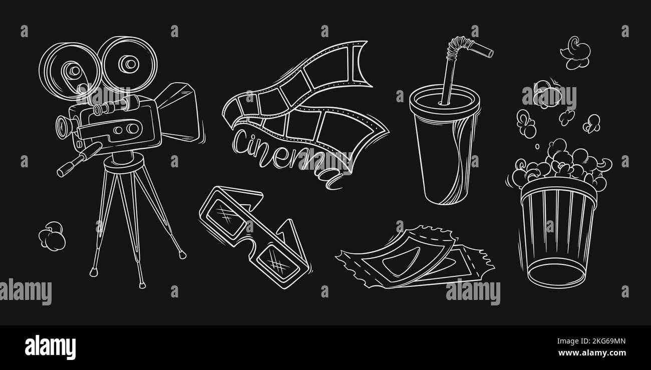 Cinema film, camera, popcorn and other objects. Cinema set in doodle style. Vector illustration ...