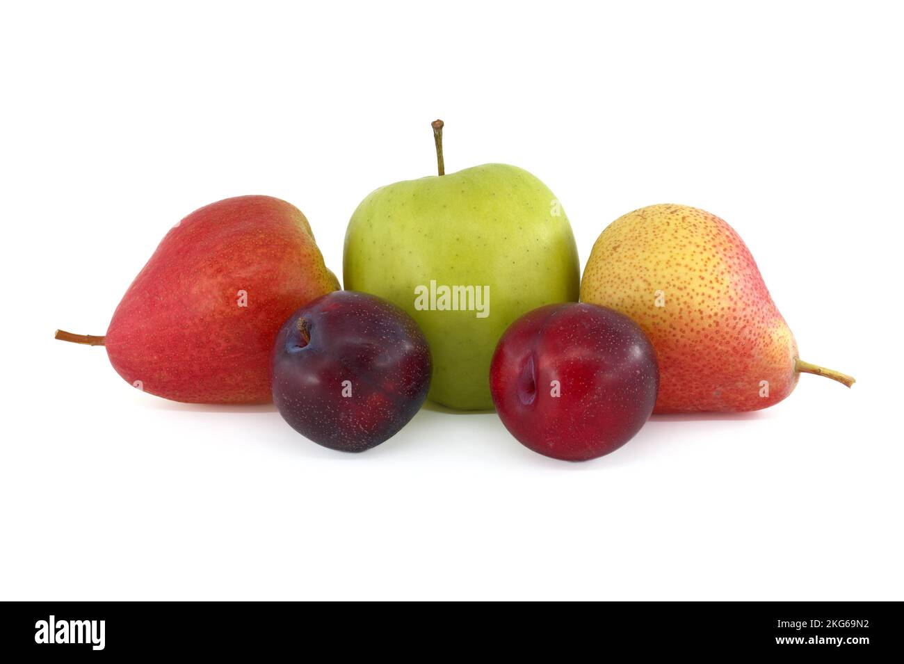 Fresh ripe pears with stem, plums and green apple isolated on white ...