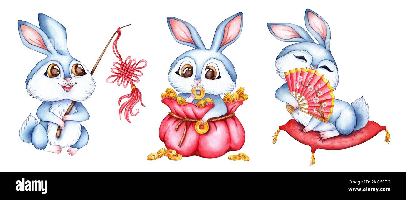 A set of watercolor illustrations of blue rabbits with a key chain, in ...