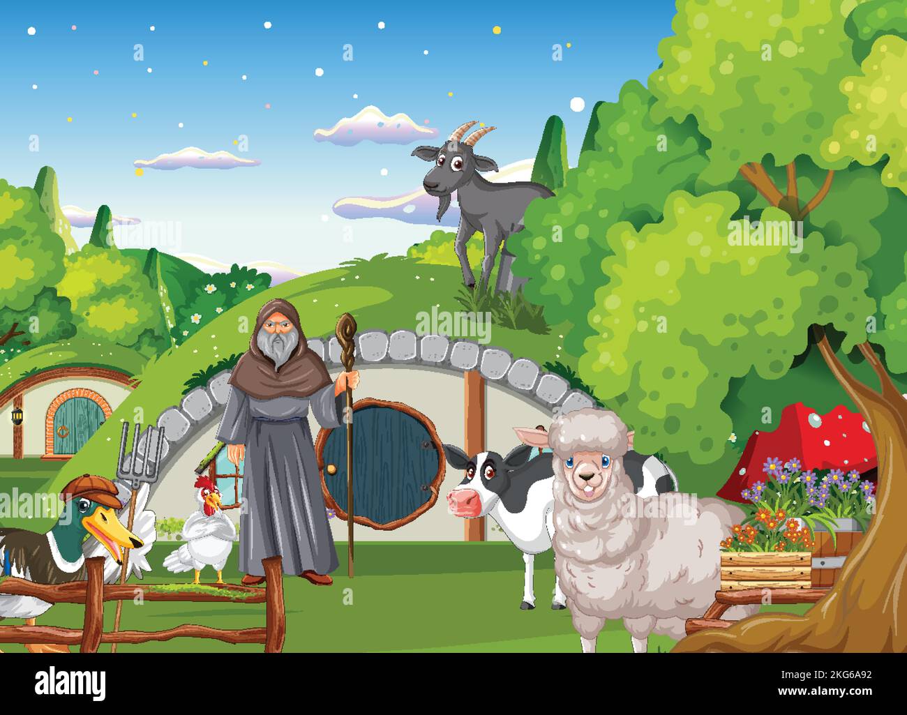 Fantasy cartoon scene with farm animals illustration Stock Vector Image ...