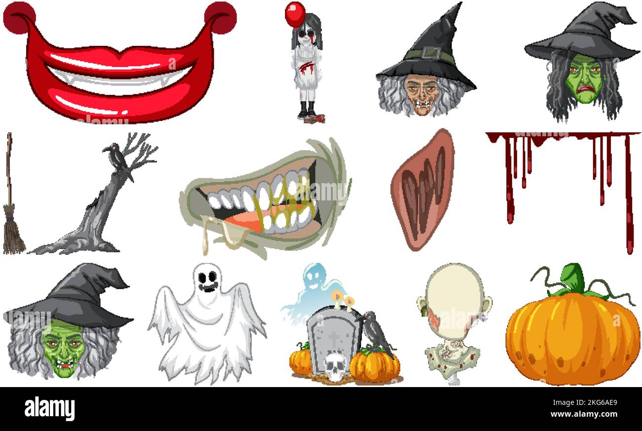 Set of horror halloween objects and cartoon characters illustration ...