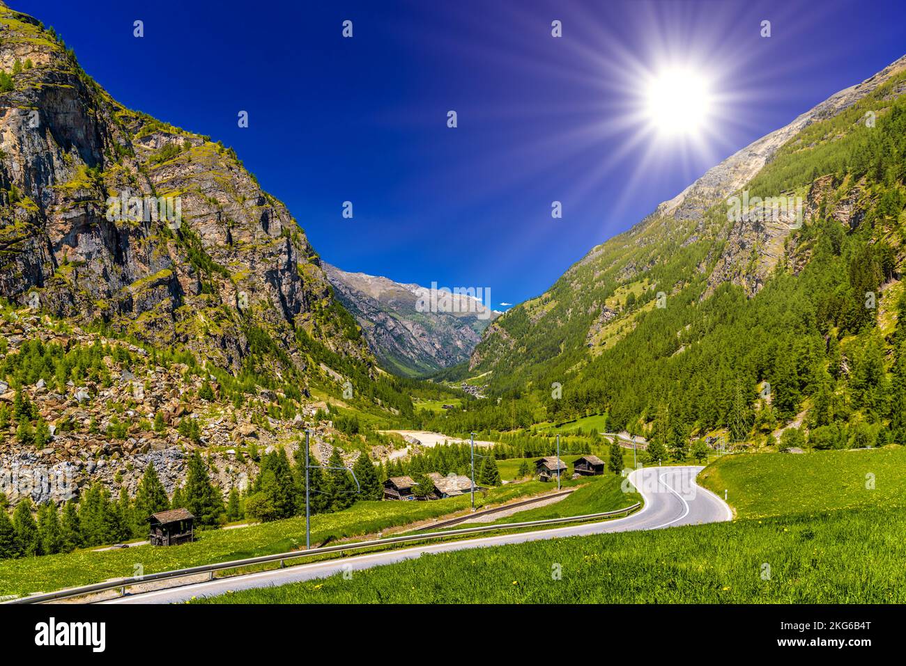 Asphalt road in Alps mountains, Randa, Visp, Wallis Valais Switzerland ...