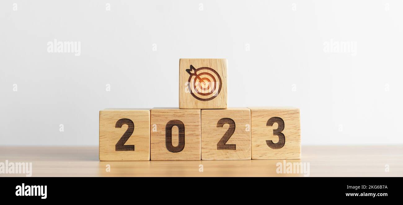2023 block with dartboard icon. Goal, Target, Resolution, strategy, plan, Action, mission ...