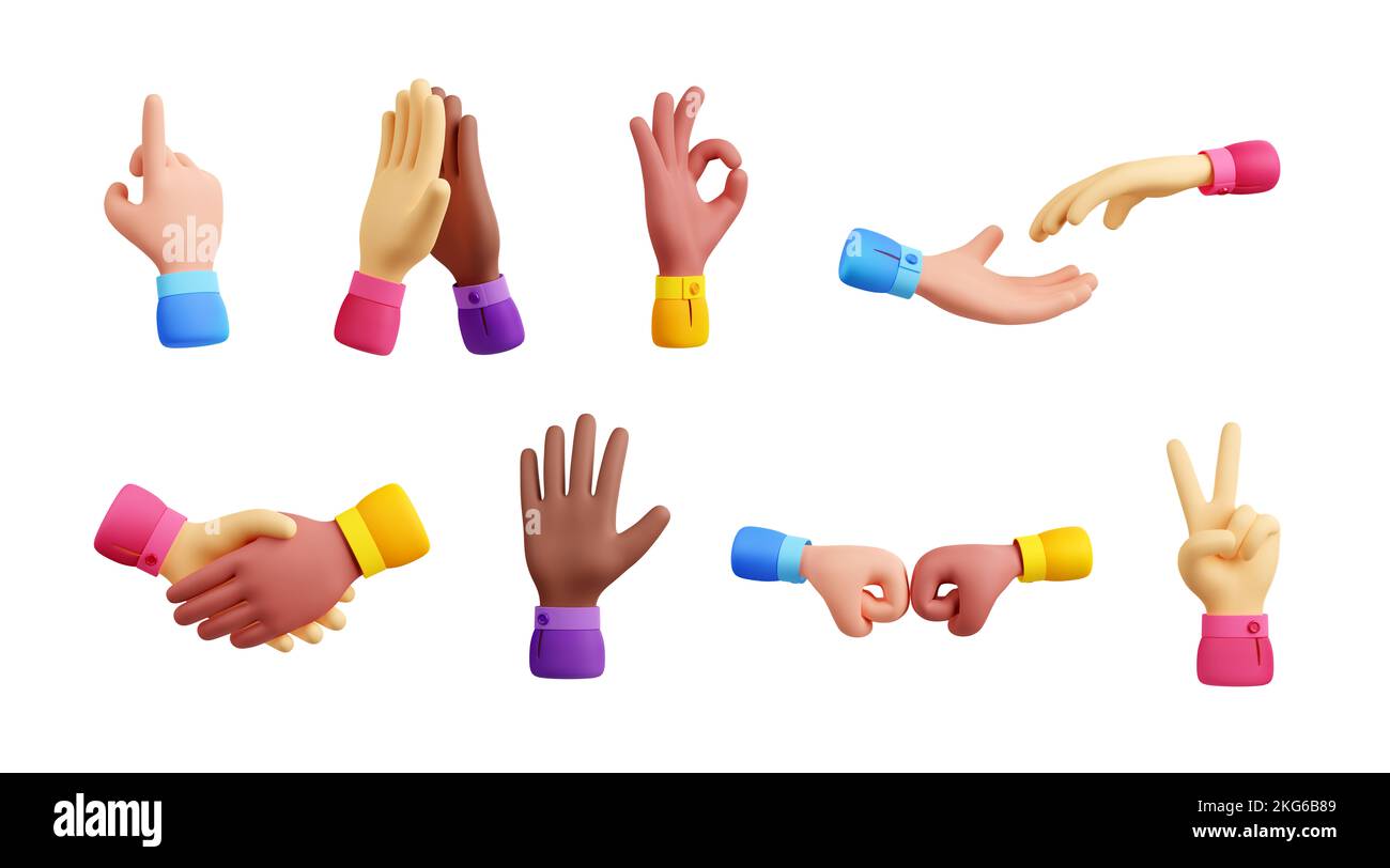 3d render multiracial hand gestures business handshake, ok, peace or ...