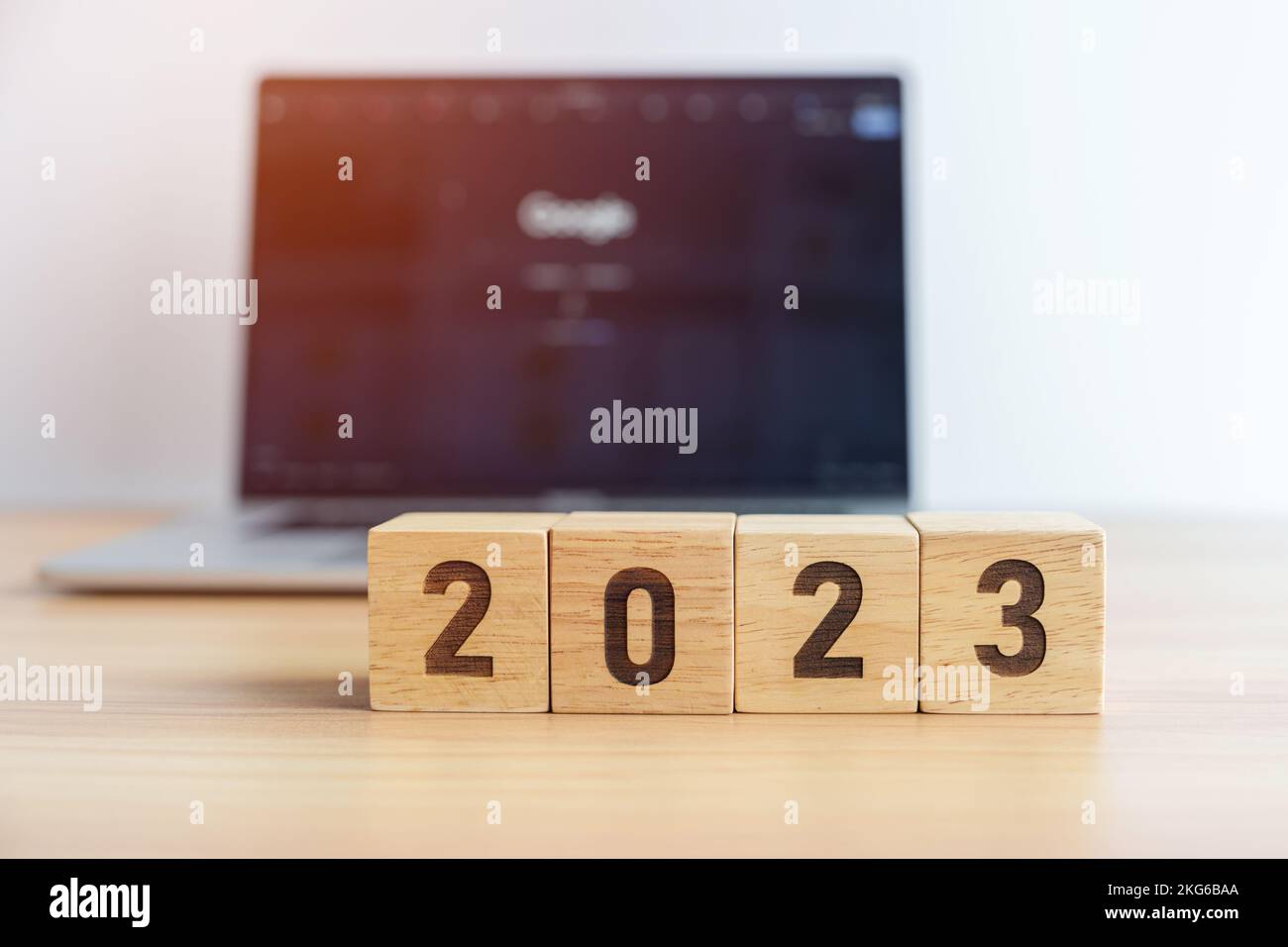 2023 Year block against computer laptop background. Goal, Target ...