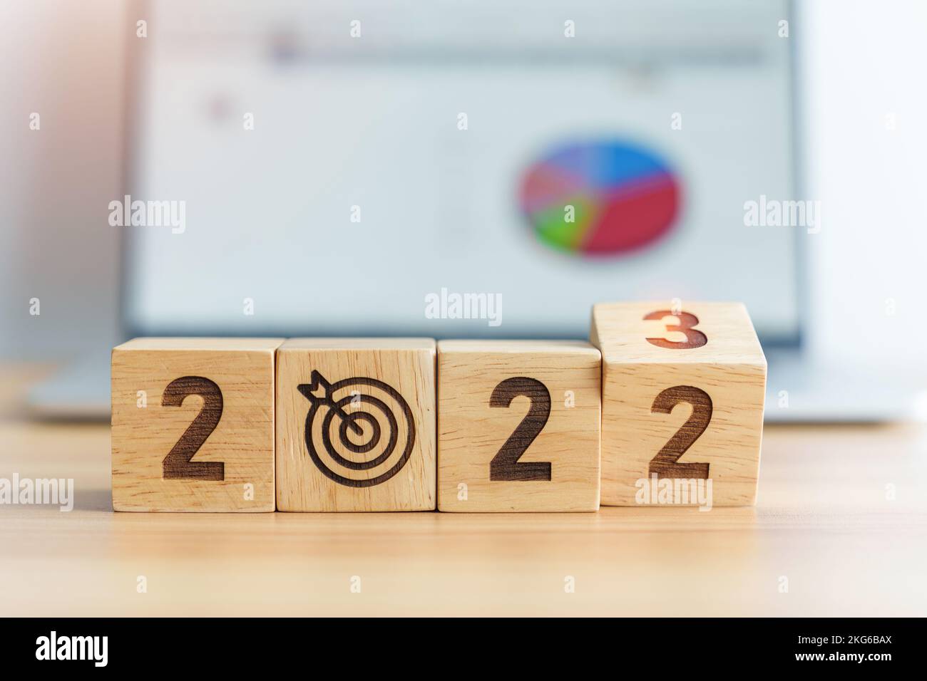 2023 Year block with dartboard icon against computer laptop background. Goal, Target, Resolution ...