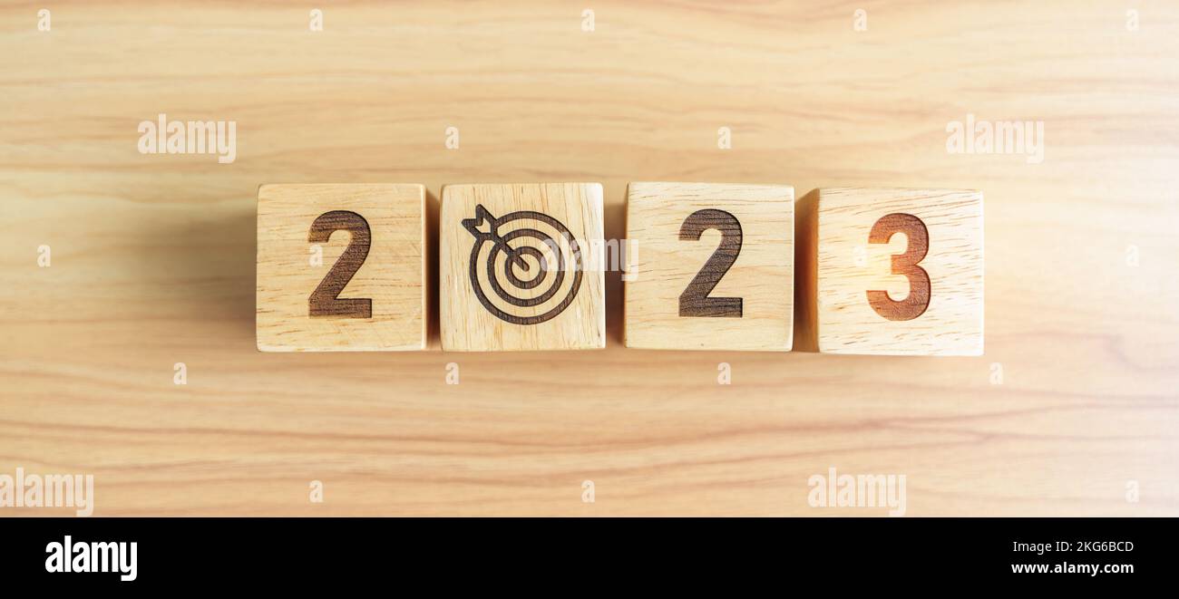 2023 block with dartboard icon. Goal, Target, Resolution, strategy, plan, Action, mission ...