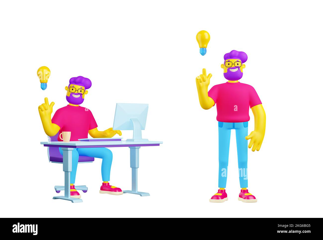 3d render man with new idea, male character sit at workplace and stand ...