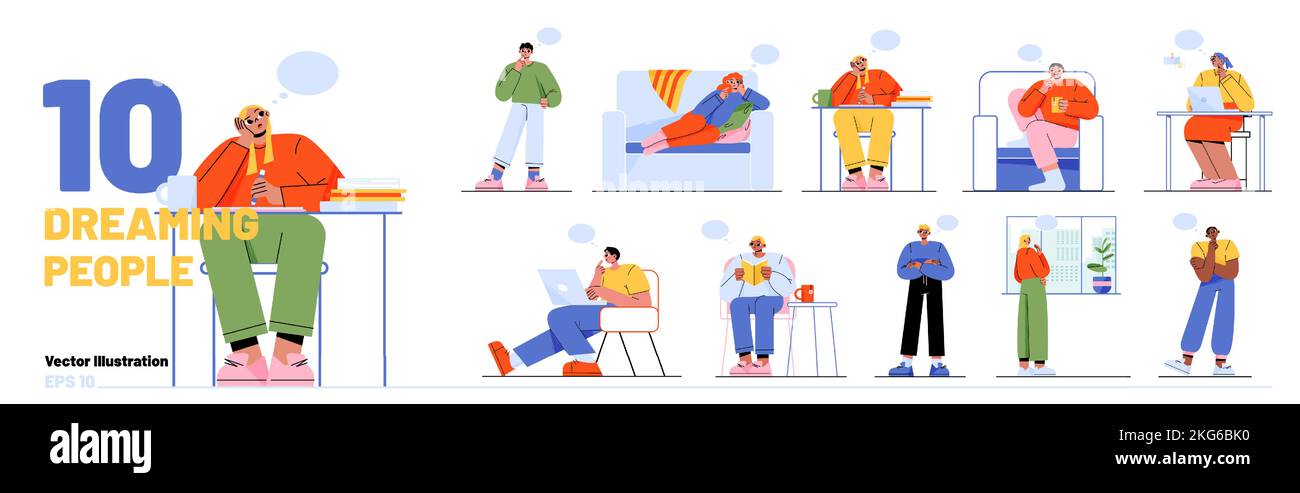 People dream, think while relax on couch and chair, look out window ...