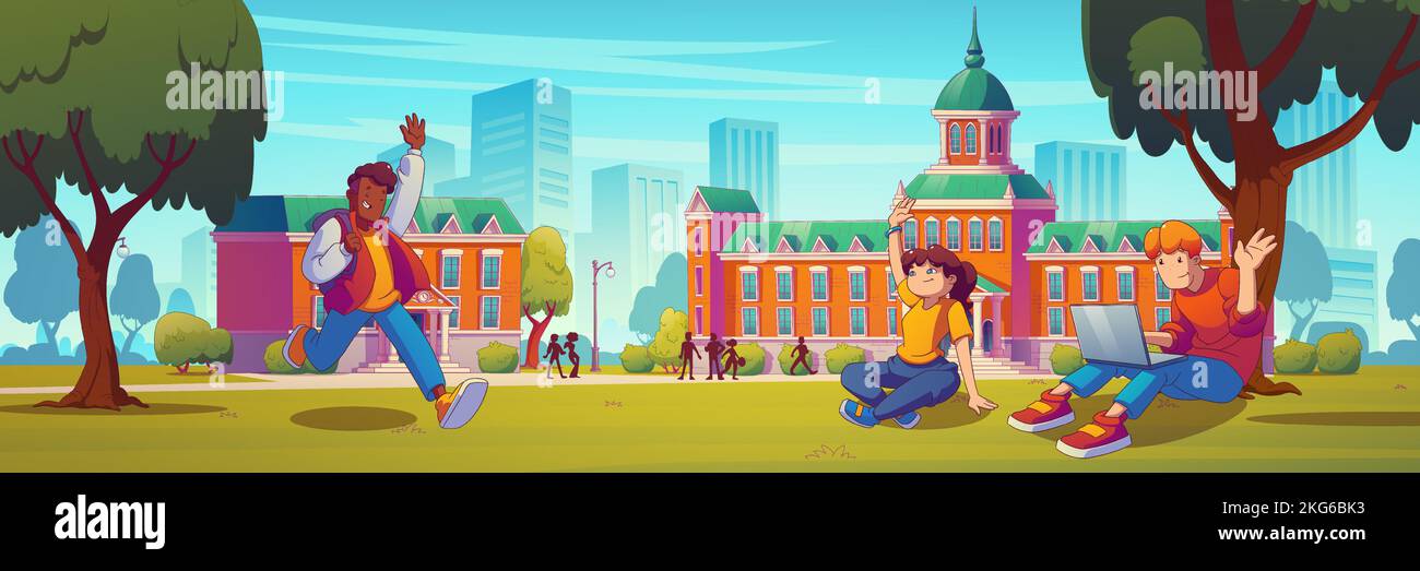 Students on campus near university or college building. Contemporary ...